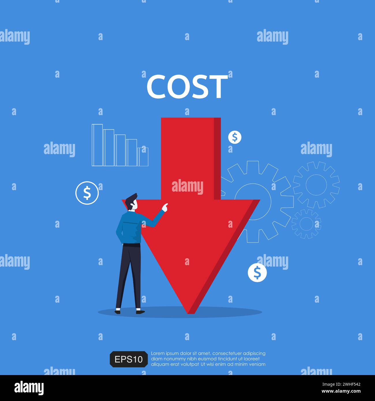 Cost reduction concept with businessman character and down arrow symbol ...