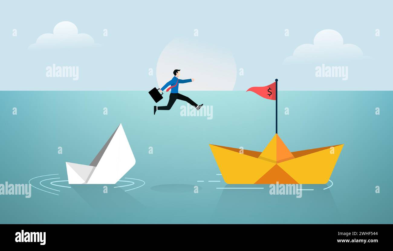 Businessman jump over new paper ship concept. Business symbol vector ...