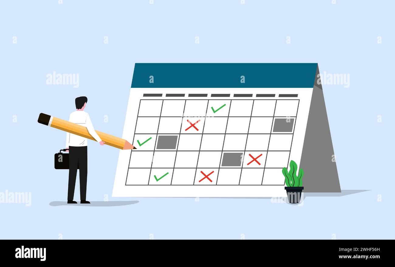 Businessman filling out the schedule on giant calendar. Work in ...
