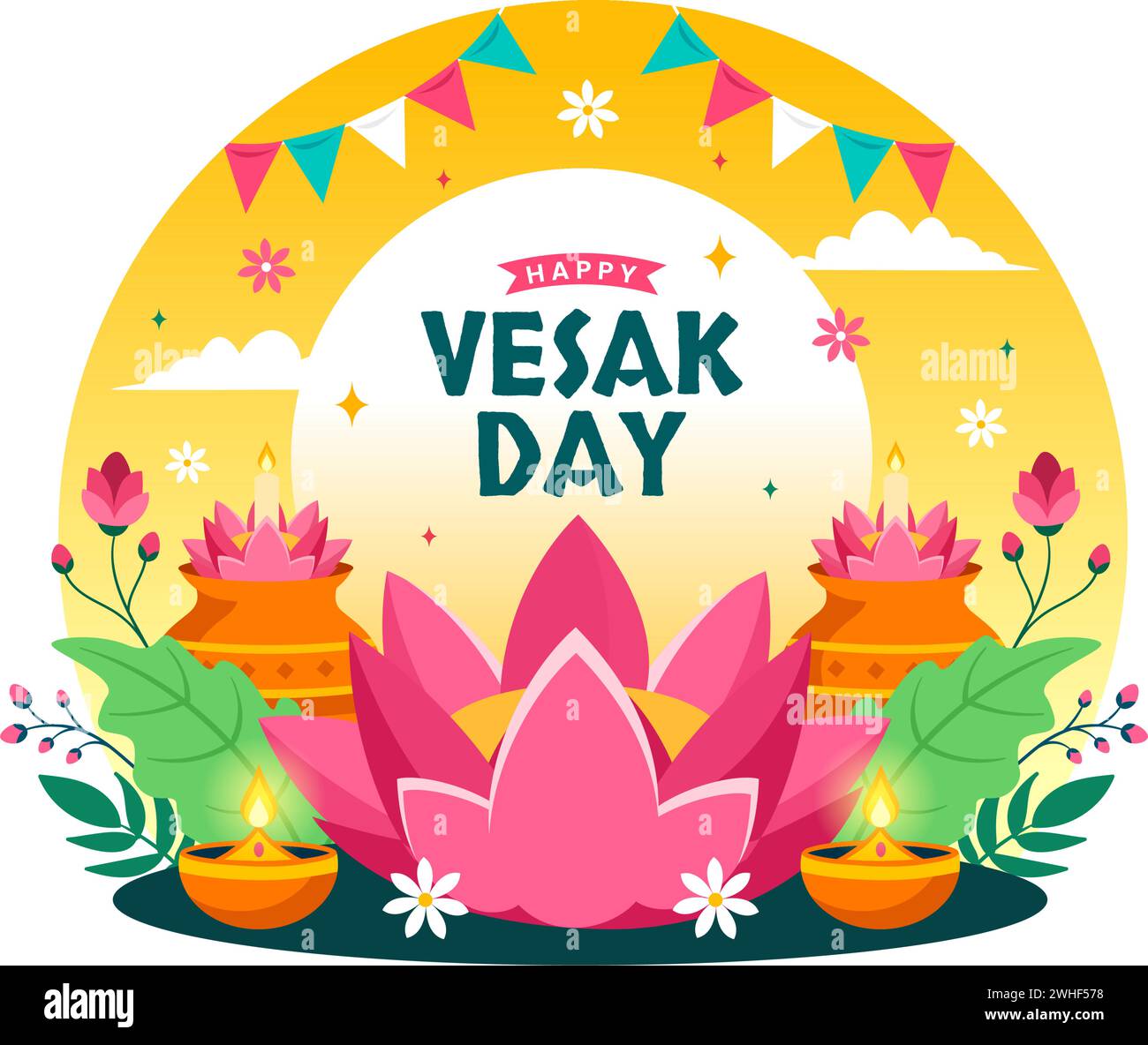 Vesak Day Celebration Vector Illustration with Temple Silhouette, Lotus ...