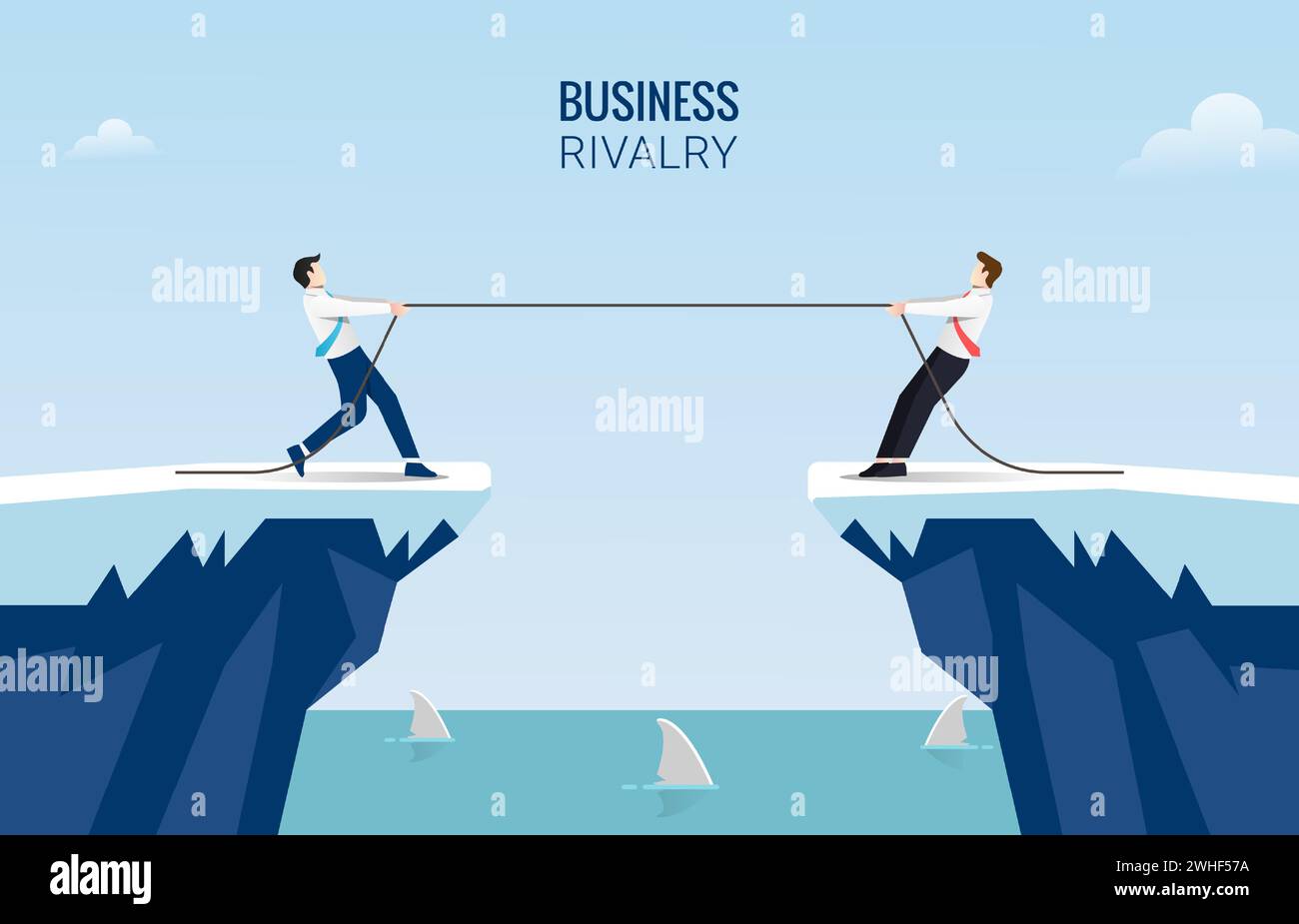 Two businessmen pull rope at edge of cliff concept. Business ...