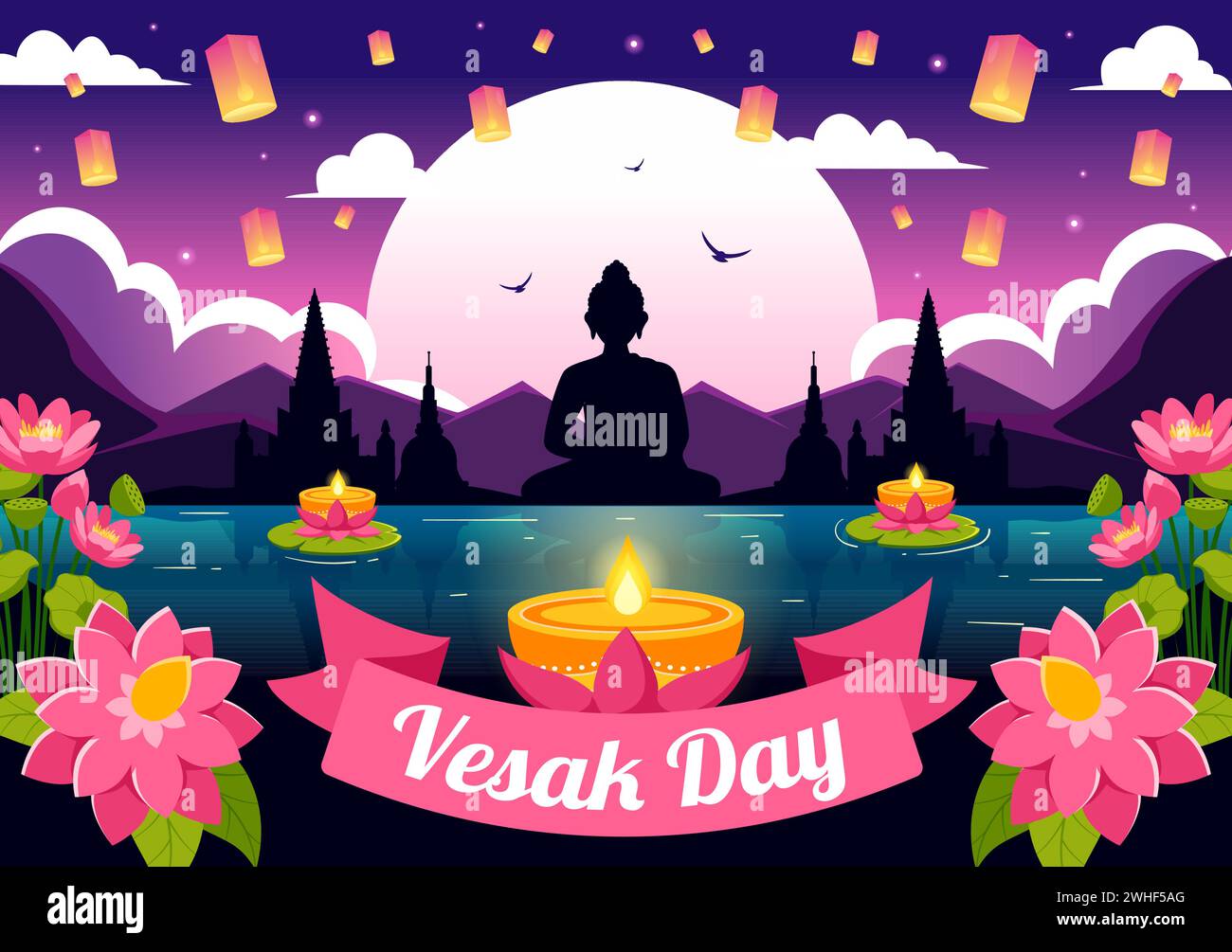 Vesak Day Celebration Vector Illustration with Temple Silhouette, Lotus ...