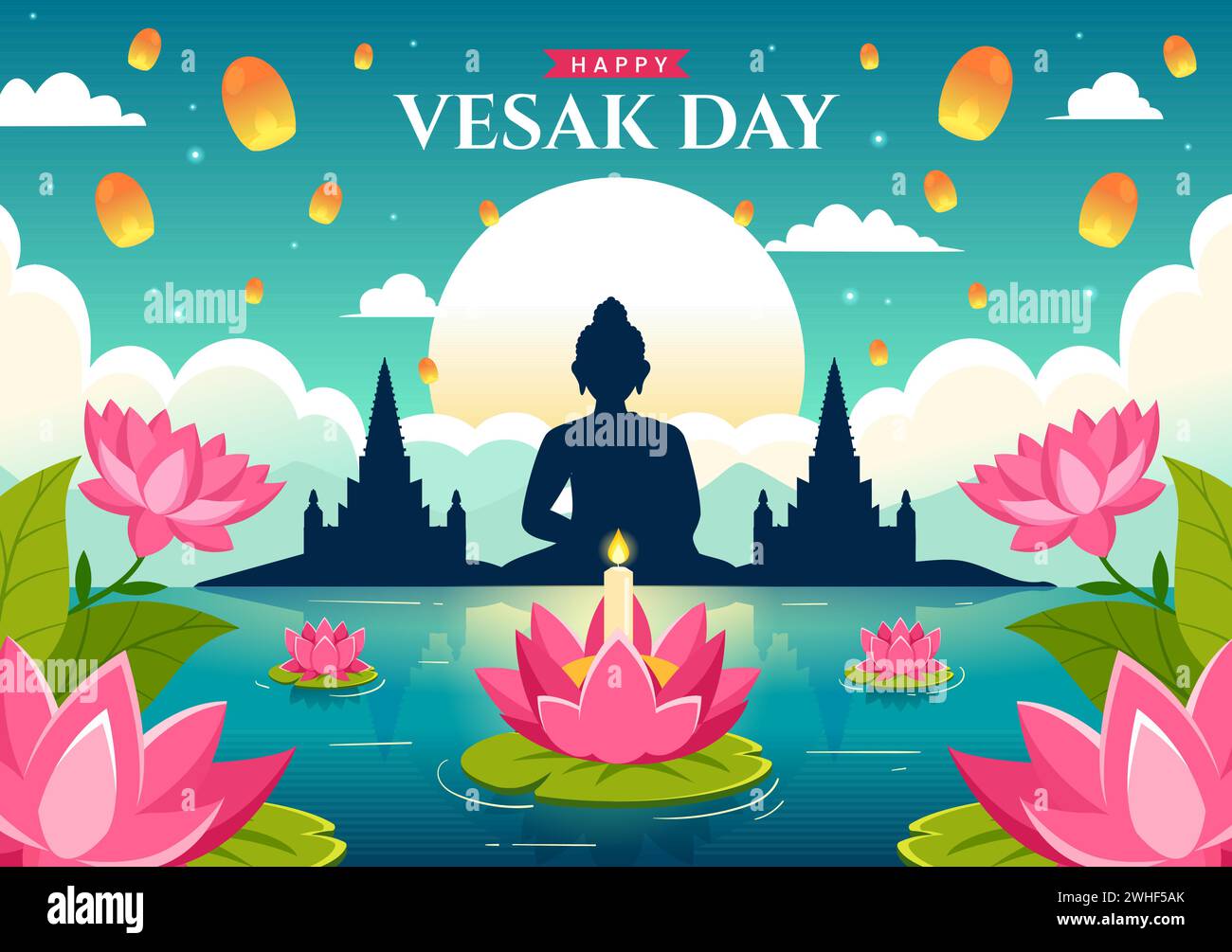 Vesak Day Celebration Vector Illustration with Temple Silhouette, Lotus ...