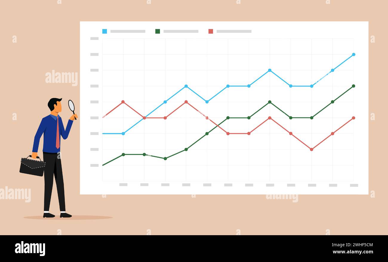 Businessman analyzing growth chart symbol with magnifying glass ...
