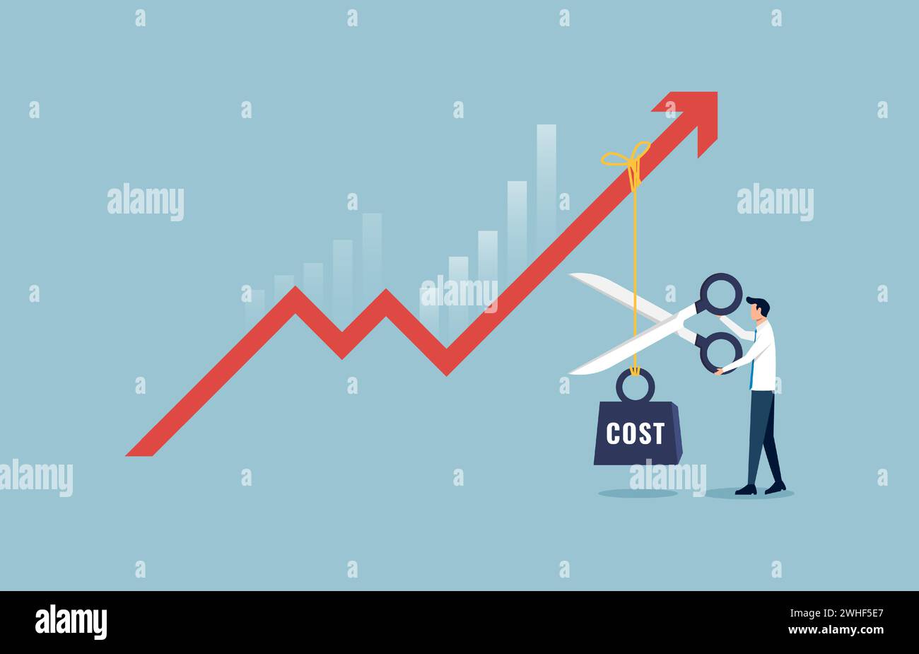 Businessman cut rope with cost hanging on red arrow. Cost reduction ...