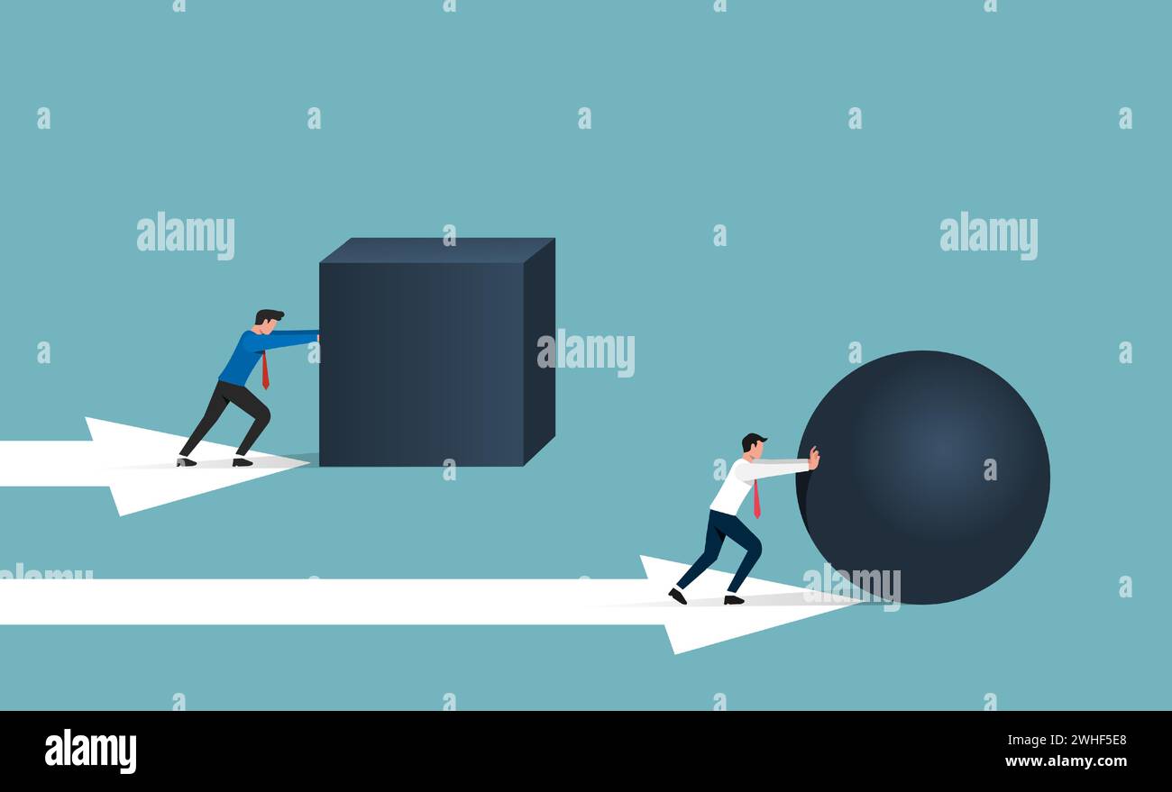 Smart work and efficiency concept. Businessman rolling sphere rock ...