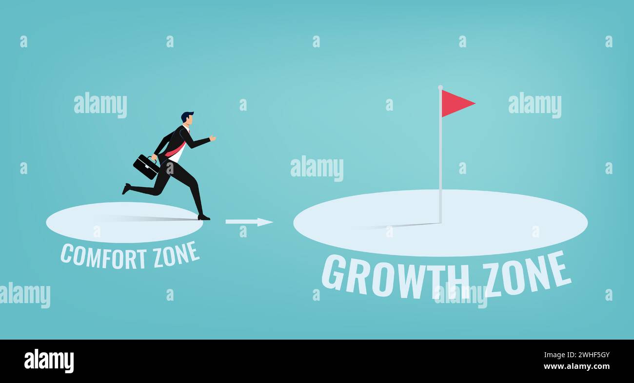 Businessman leaves comfort zone. Personal development, motivation and ...