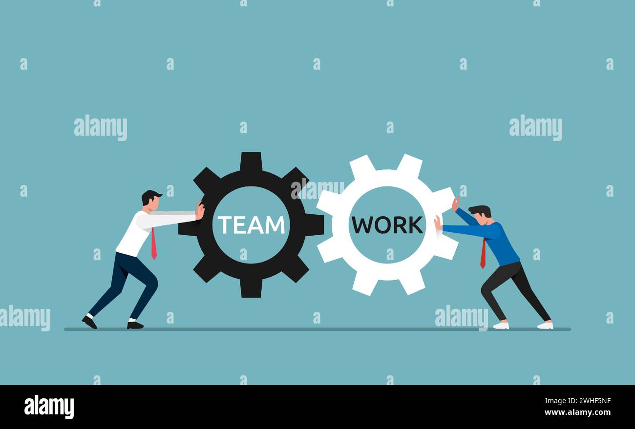 Business team work concept. Businessmen pushing gears wheel vector illustration Stock Vector ...