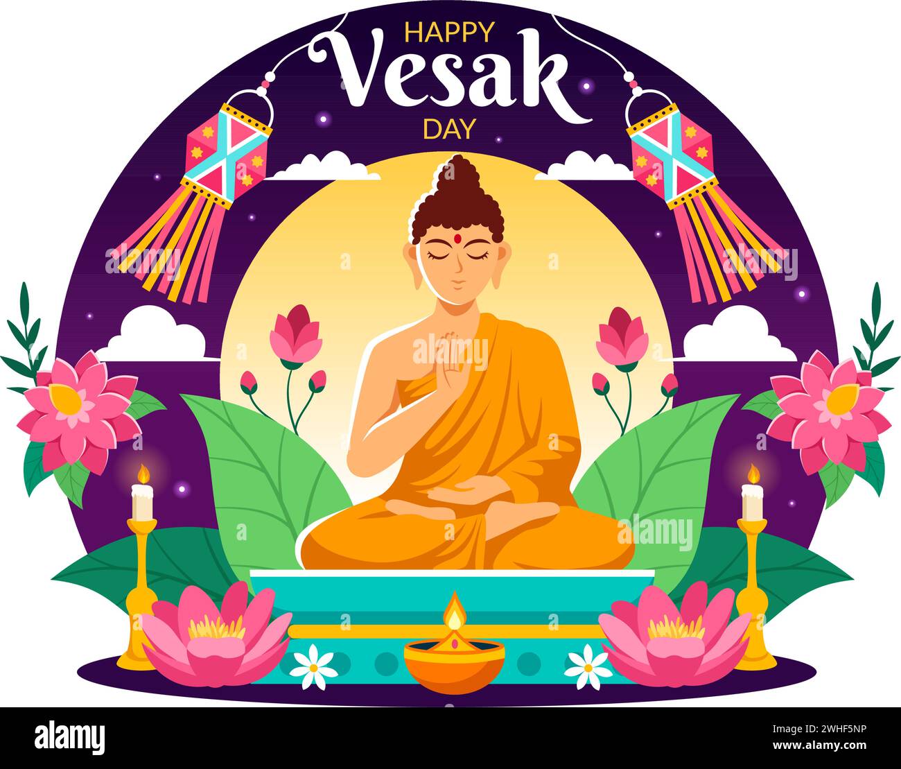 Vesak Day Celebration Vector Illustration with Temple Silhouette, Lotus ...
