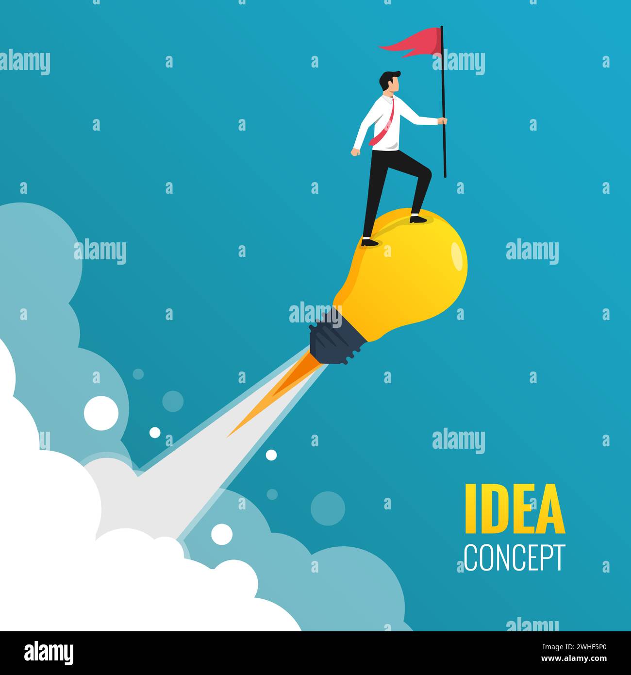 Businessman holding red flag standing on light bulb idea concept ...