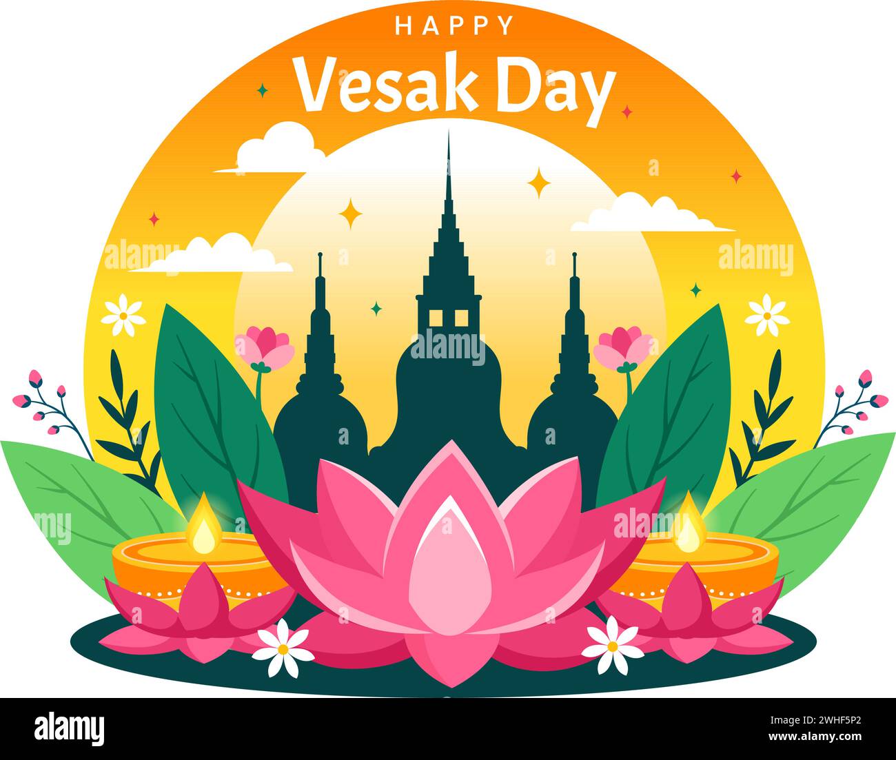 Vesak Day Celebration Vector Illustration with Temple Silhouette, Lotus ...