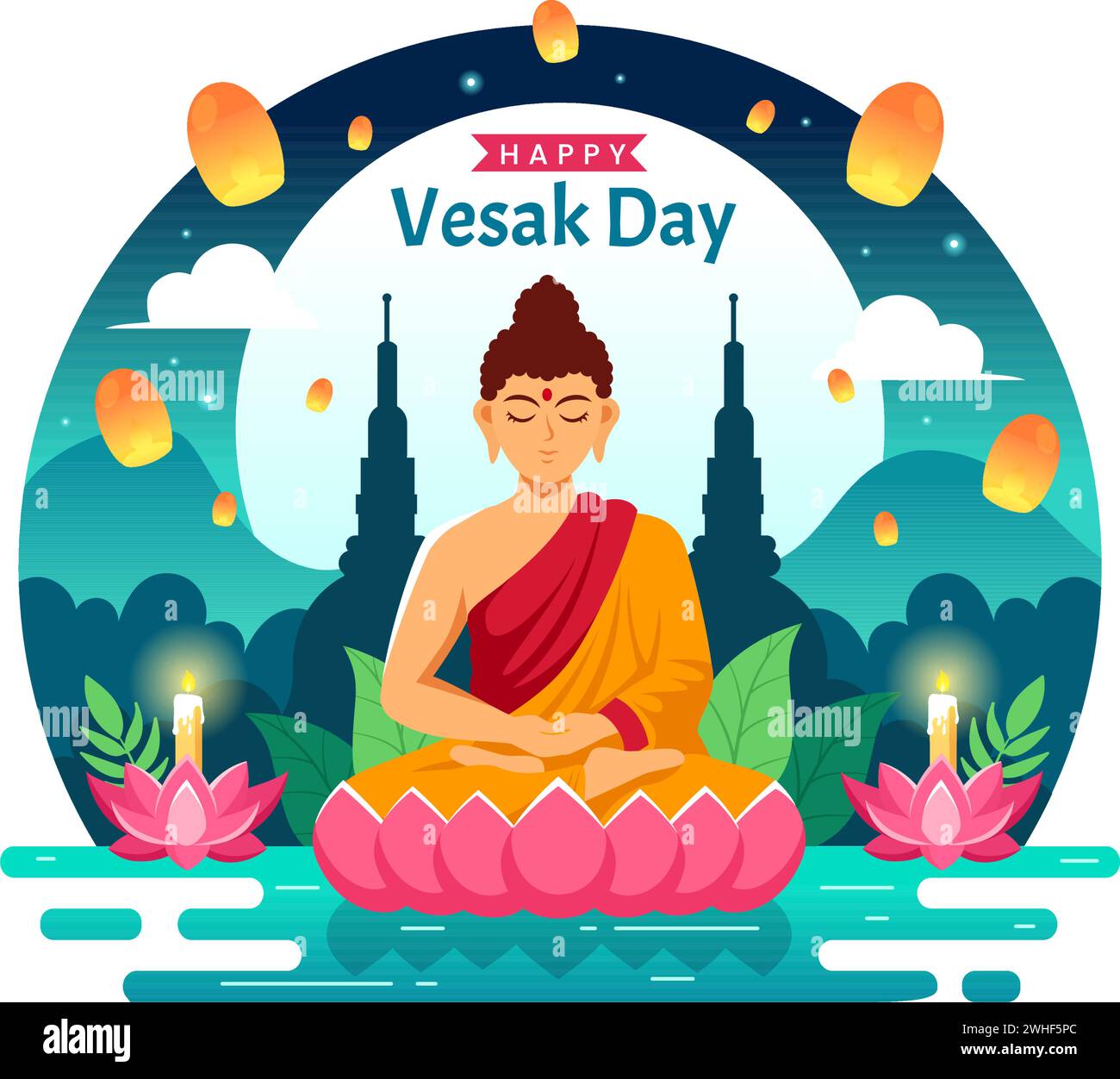 Vesak Day Celebration Vector Illustration with Temple Silhouette, Lotus ...