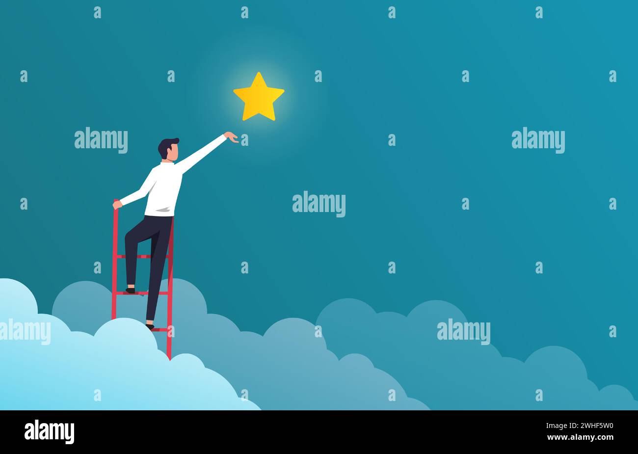 Successful businessman on ladder to reach star vector illustration ...