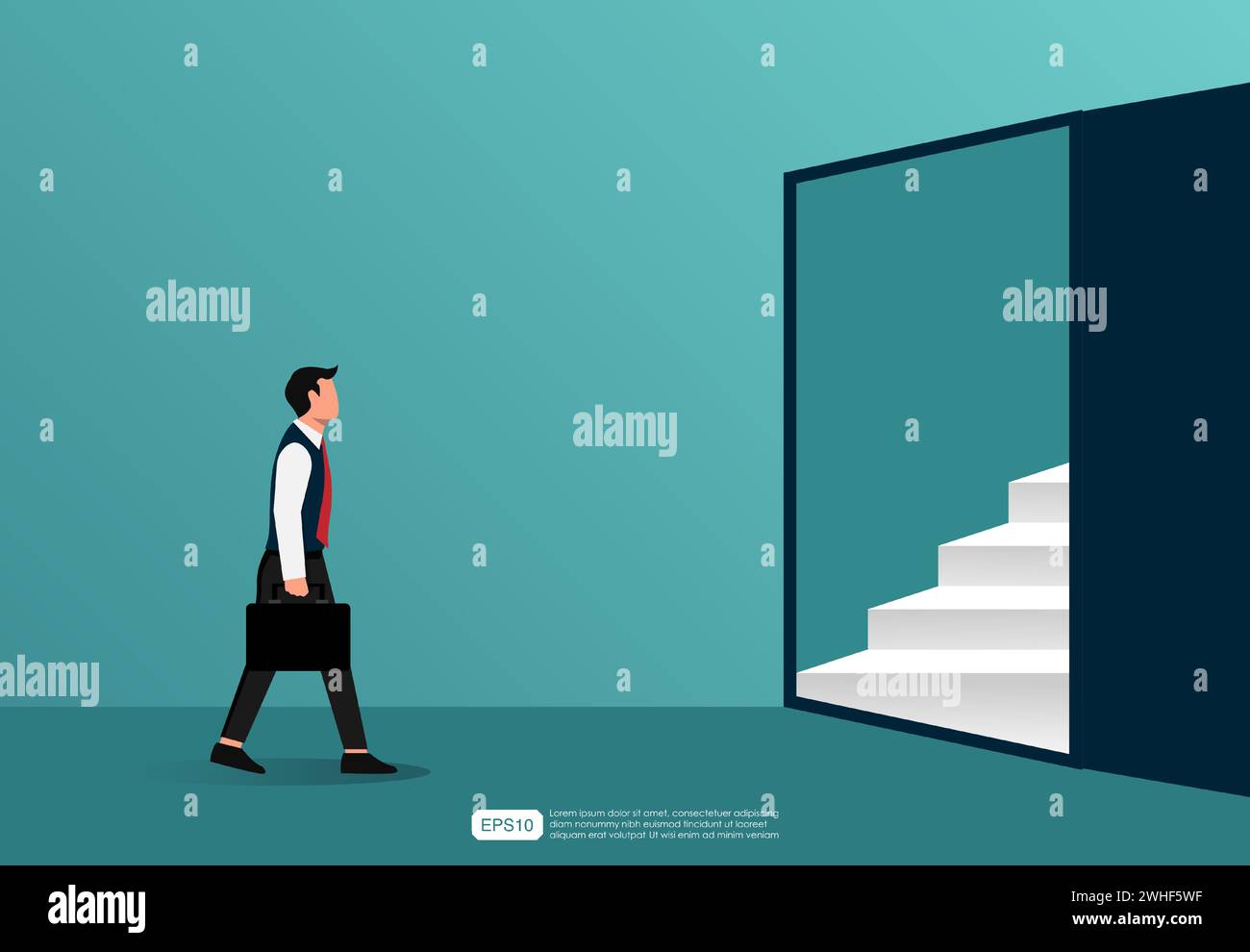 Businessman walks to opened door symbol. Pathway of opportunity to ...