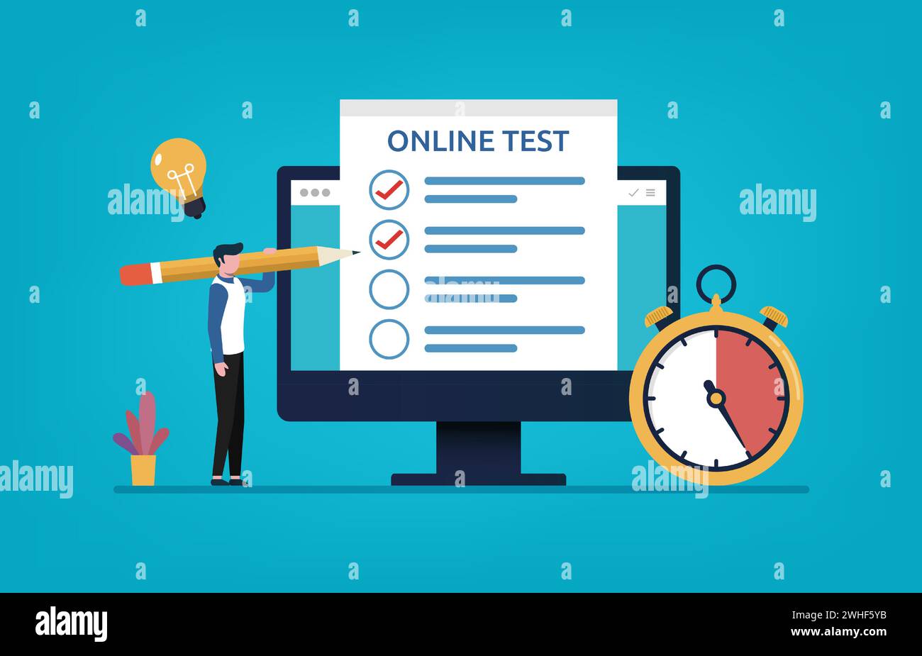 Online test, man fill in on monitor via internet vector illustration ...