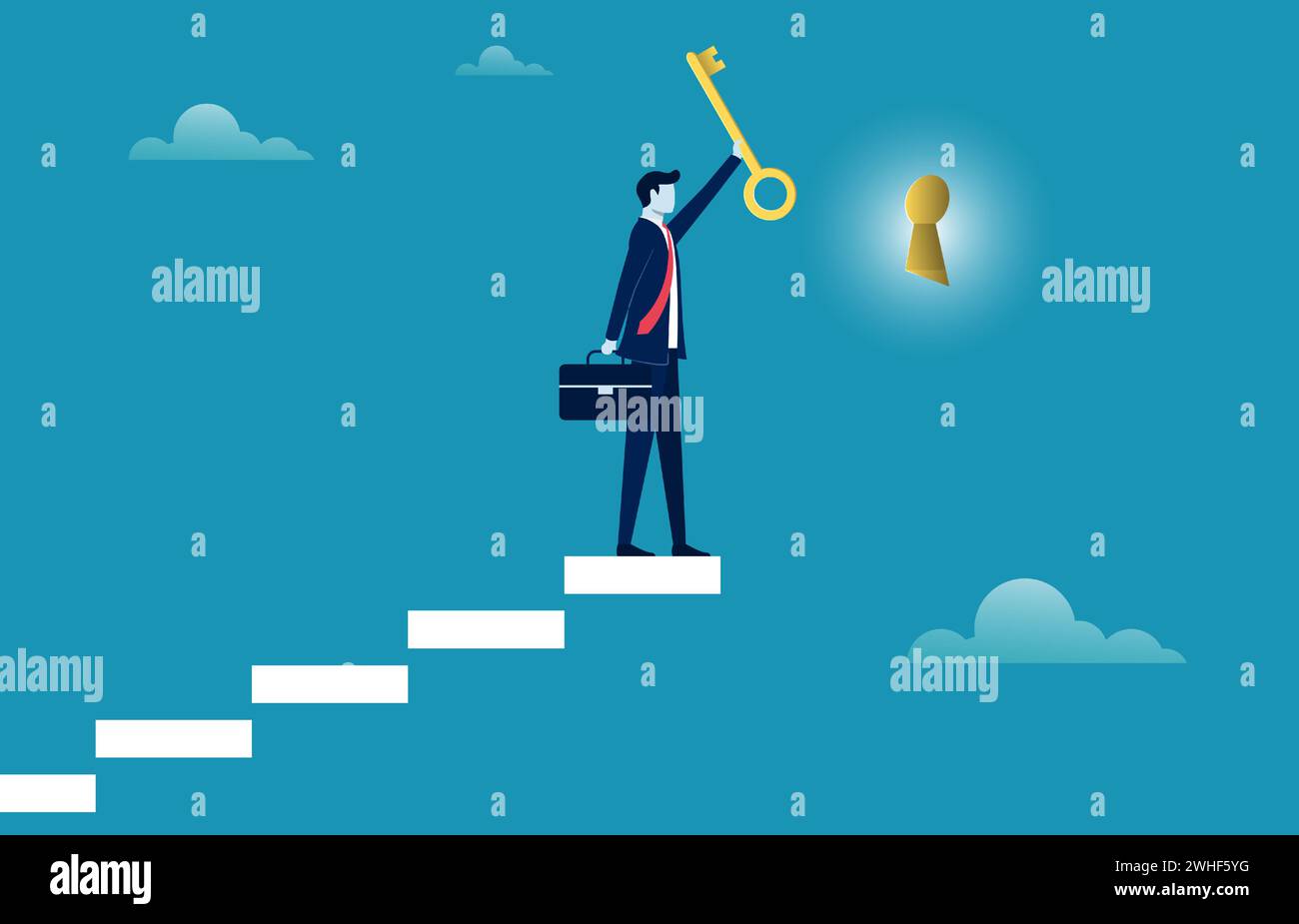 Businessman climbing the stairs to put a big key as symbol of problem ...