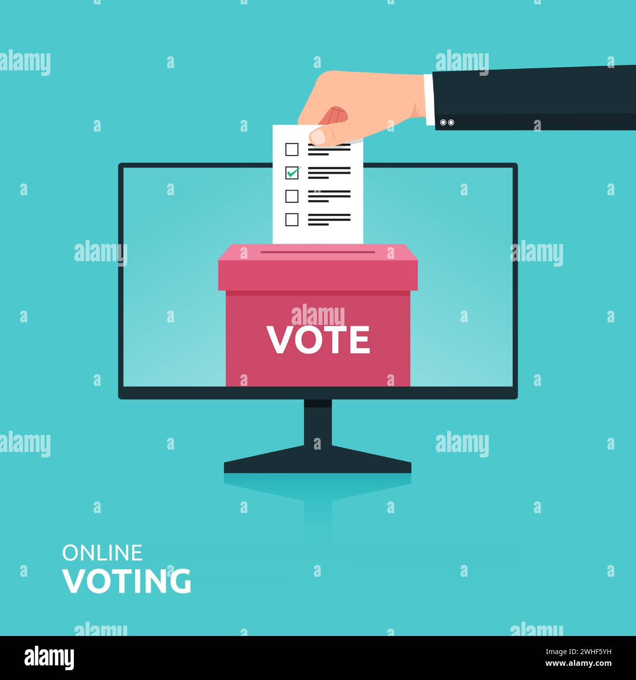 Online voting concept with man putting voting paper into ballot box on ...
