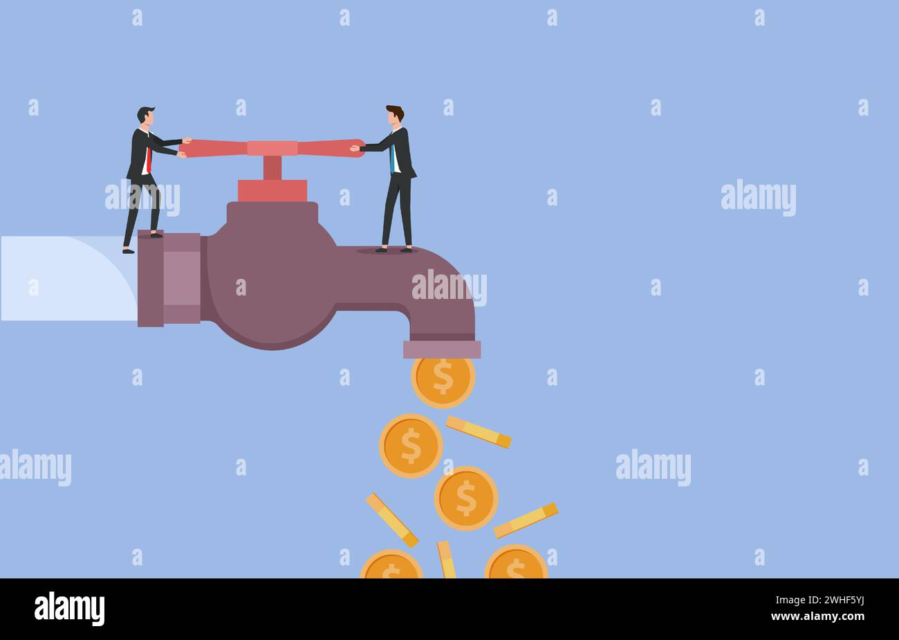 Money coins flow from tap. Cash flow with tiny businessmen open the tap ...