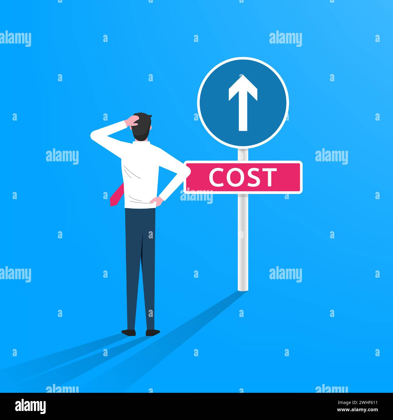 Cost increase concept. Businessman looking at road sign cost rising up ...