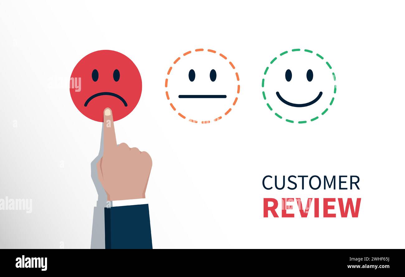 Negative review or feedback concept, hand of client chose sad face icon ...