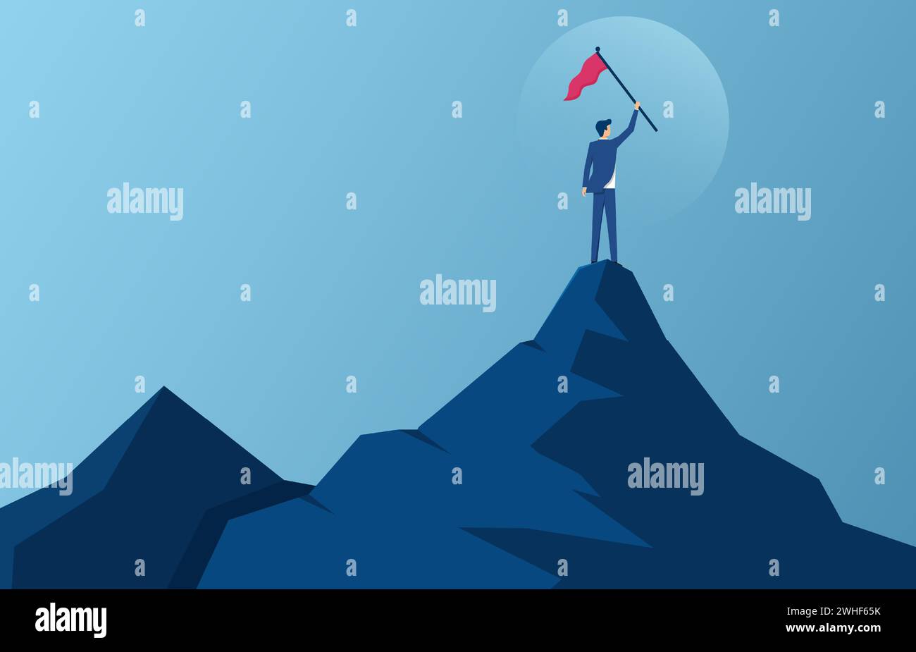 Businessman holding red flag on top of mountain, business, success ...
