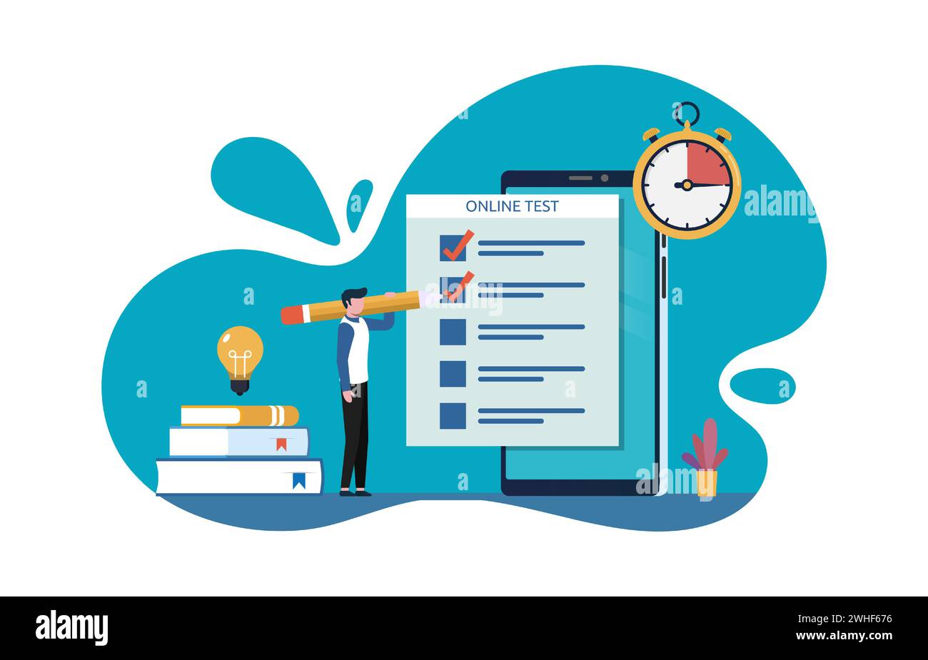 Online test, man fill in online assessment form on smartphone screen ...