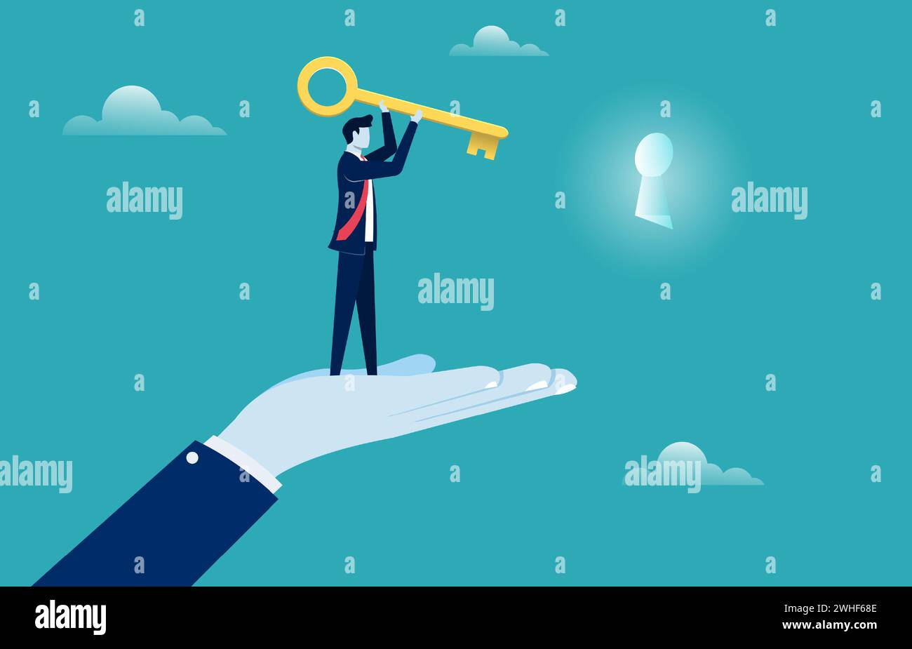 Big hand help businessman to put a key in its place as an problem ...