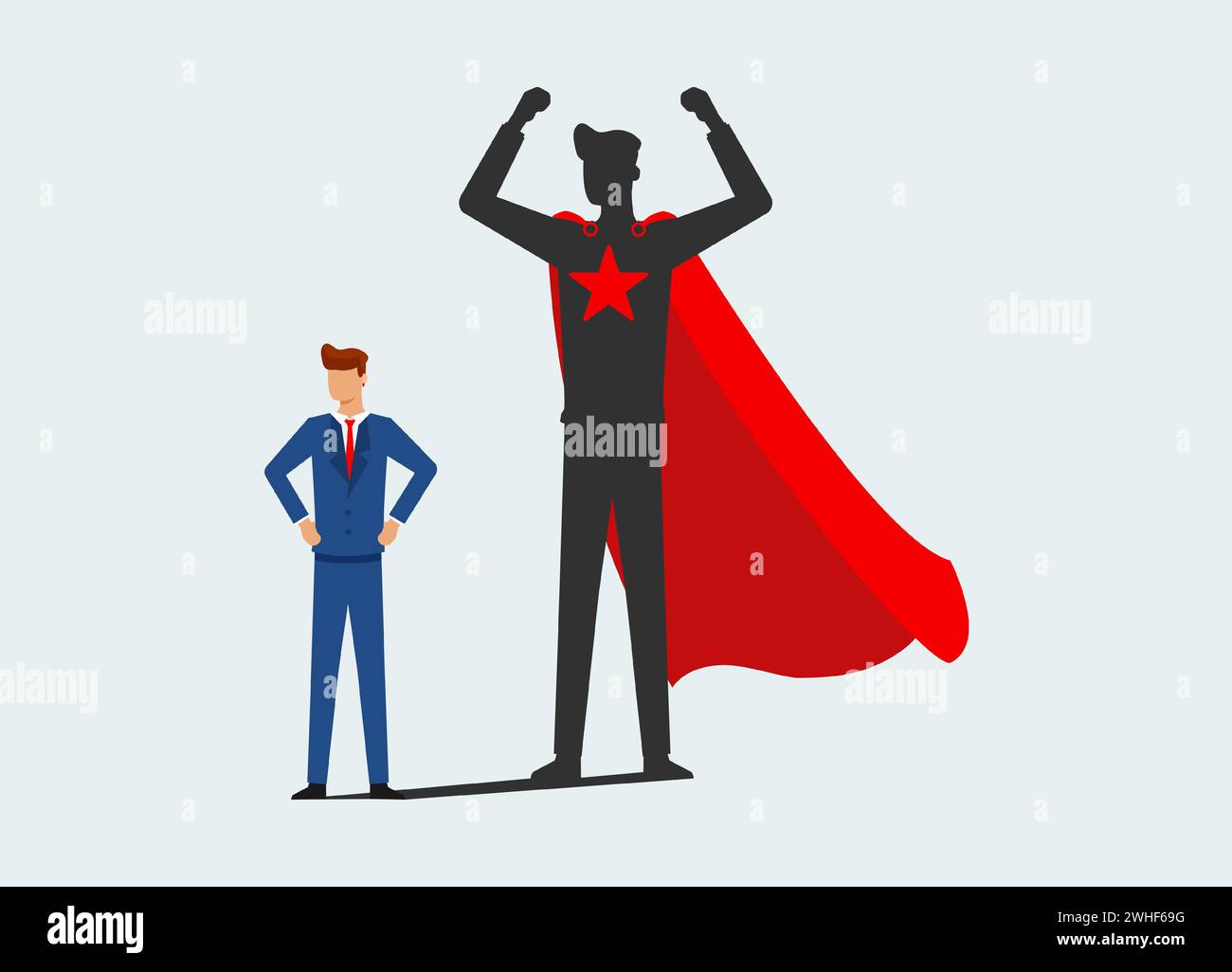 Confident businessman standing in front of his shadow with his cape as ...