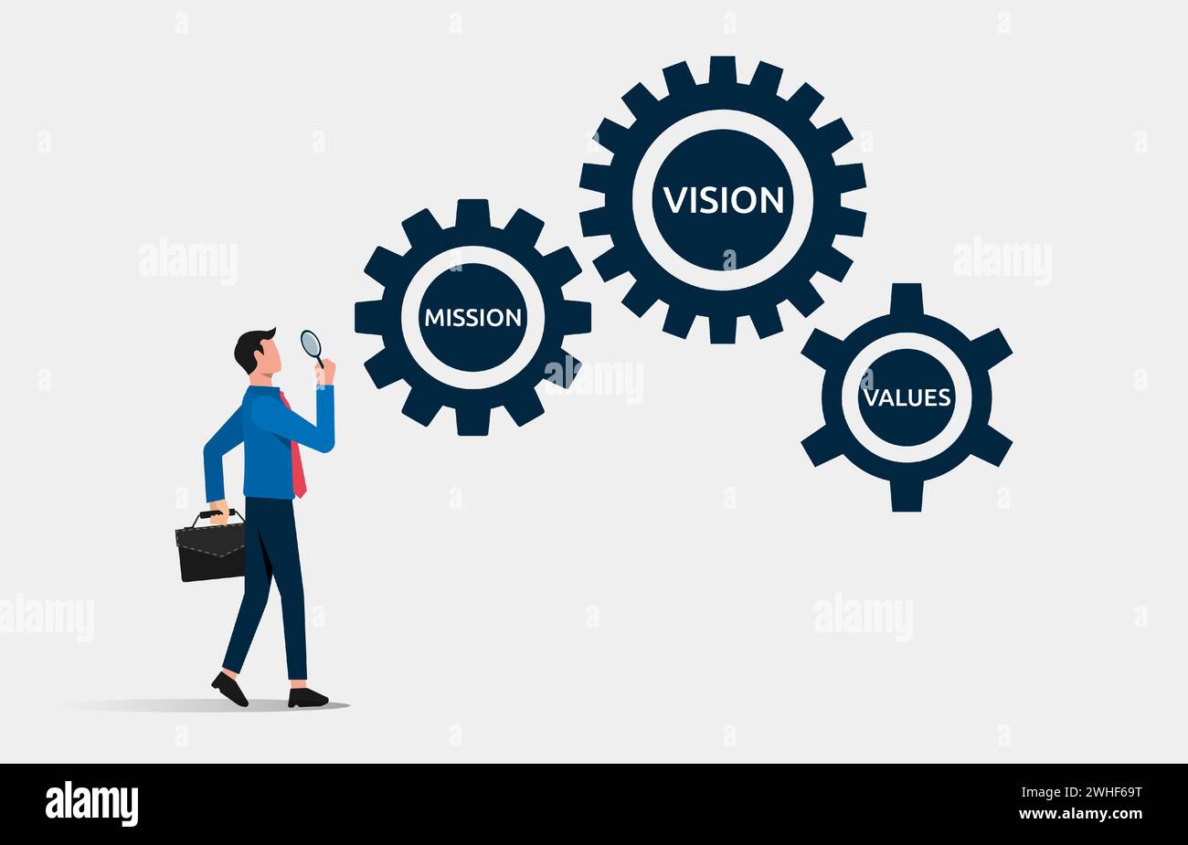 Business concept with businessman holding magnifier to analyze gears ...