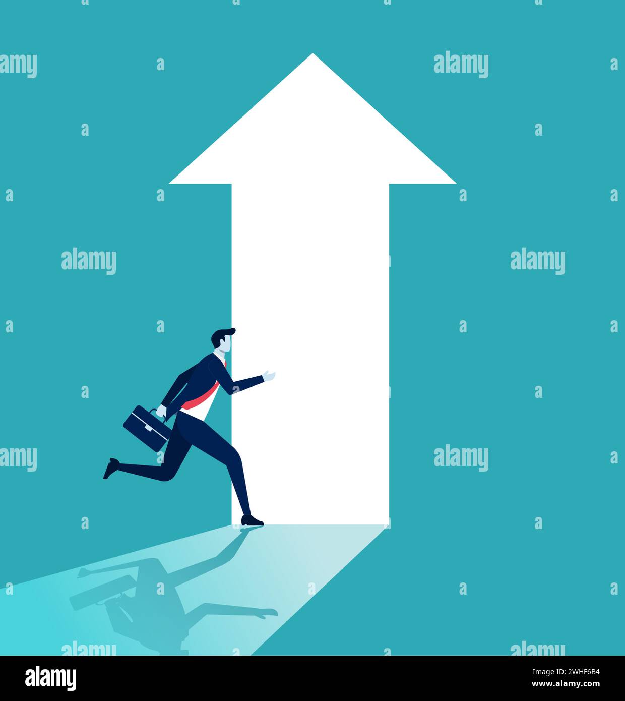 Start up concept, businessman running toward big arrow symbol vector ...