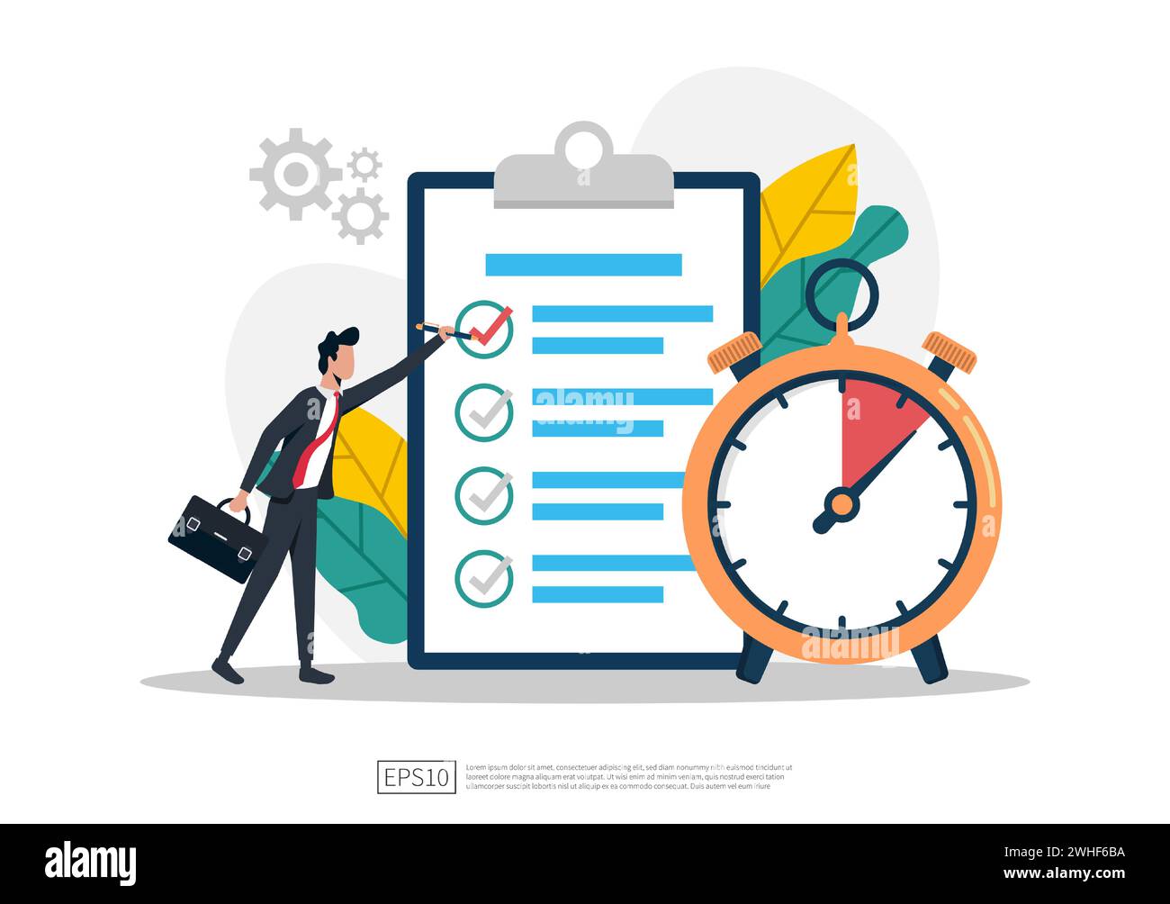 Businessman fill in checklist with clock symbol illustration Stock ...