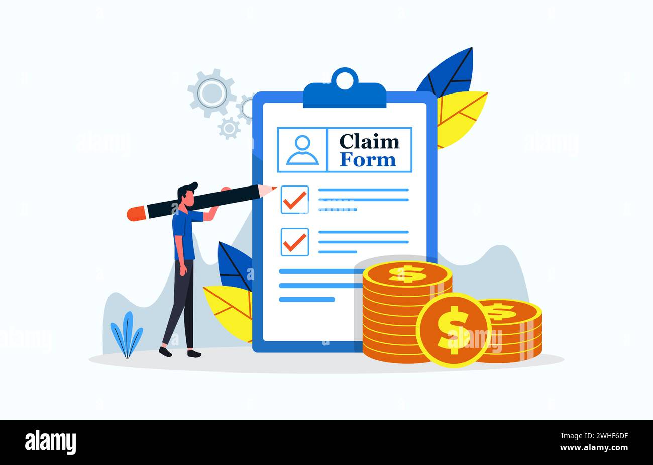 Claim form with with check mark and money symbol. Businessman fill in ...