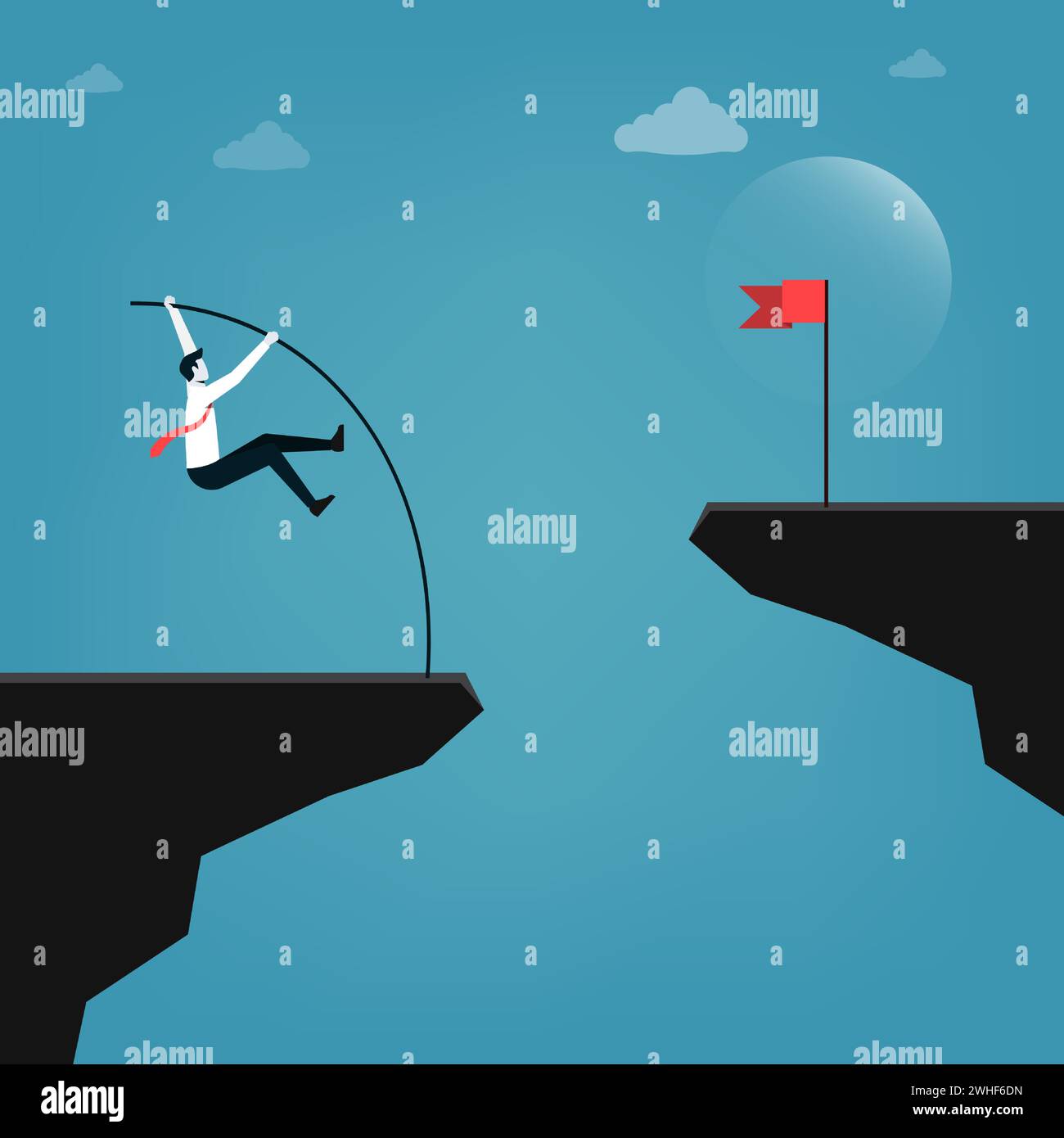 Pole jump across the cliff to reach the target, business challenge, overcome obstacle, dear to ...
