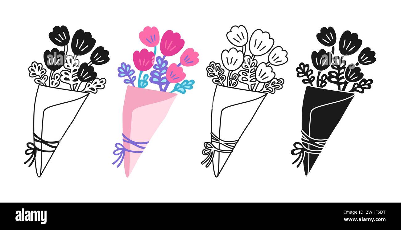 Flower bouquet cartoon symbol and doodle, stamp stylized set. Romantic ...