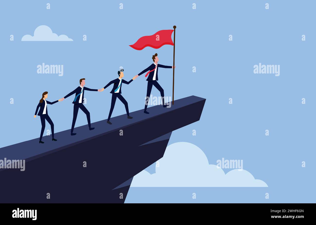 Business people climb to the top of mountain, leader helps the team to ...