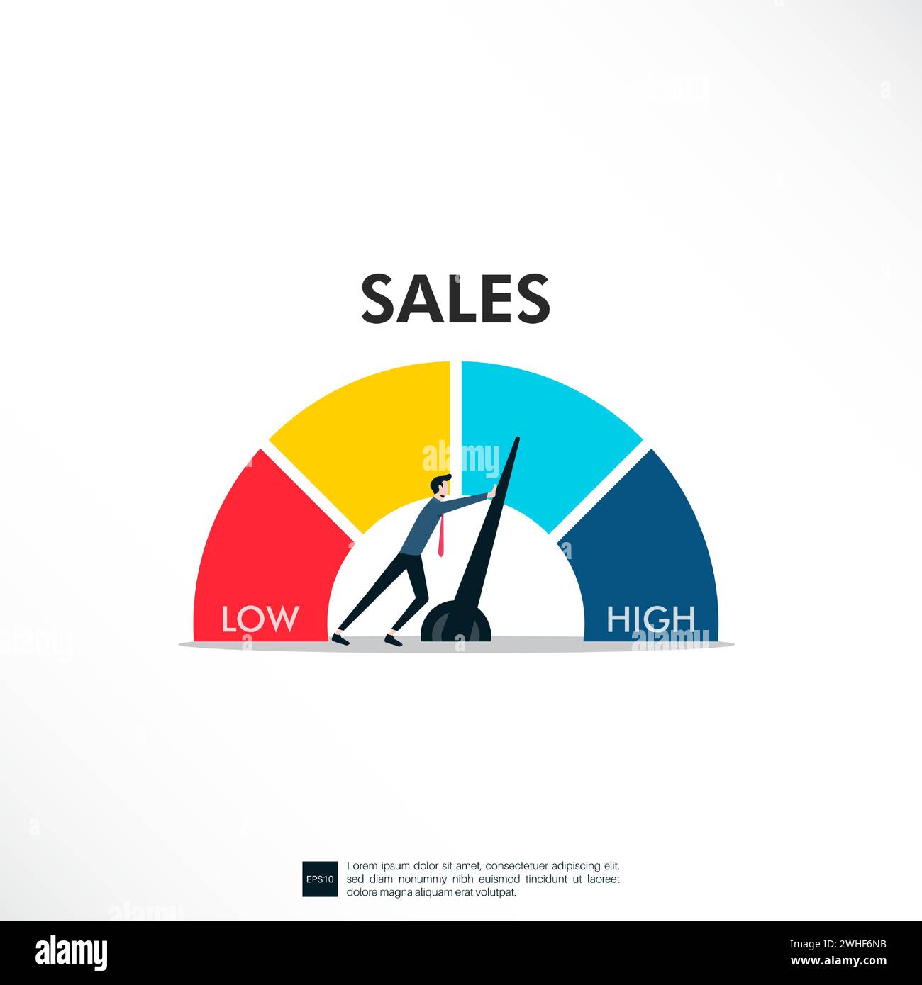 sales conceptual meter indicate. Businessman pushing a needle to high ...
