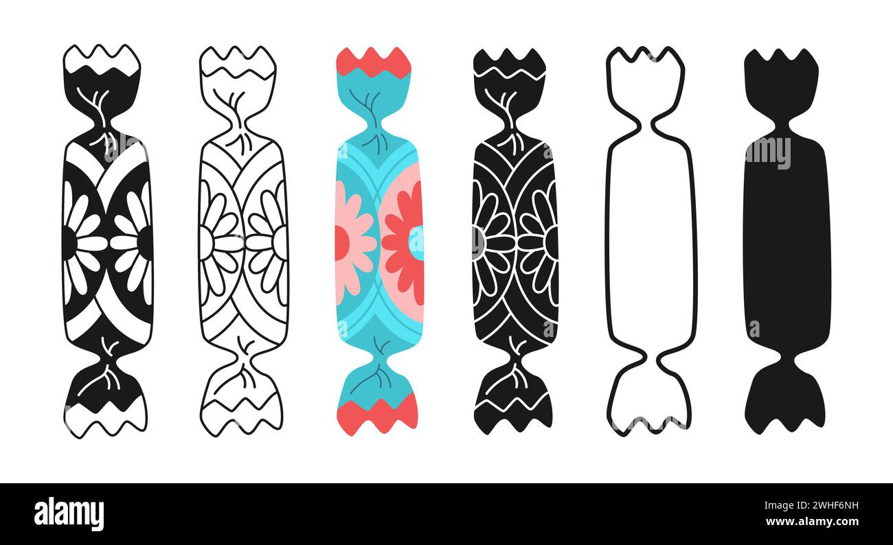 Wrapped candy with doodle ornament. Cartoon symbol bonbon, stamp ...