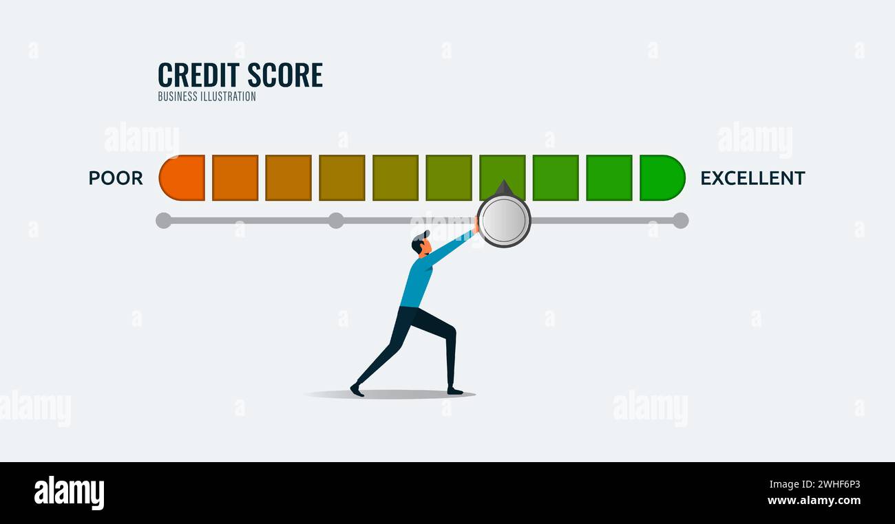 Man pushes credit score arrow gauge indicator with color level ...