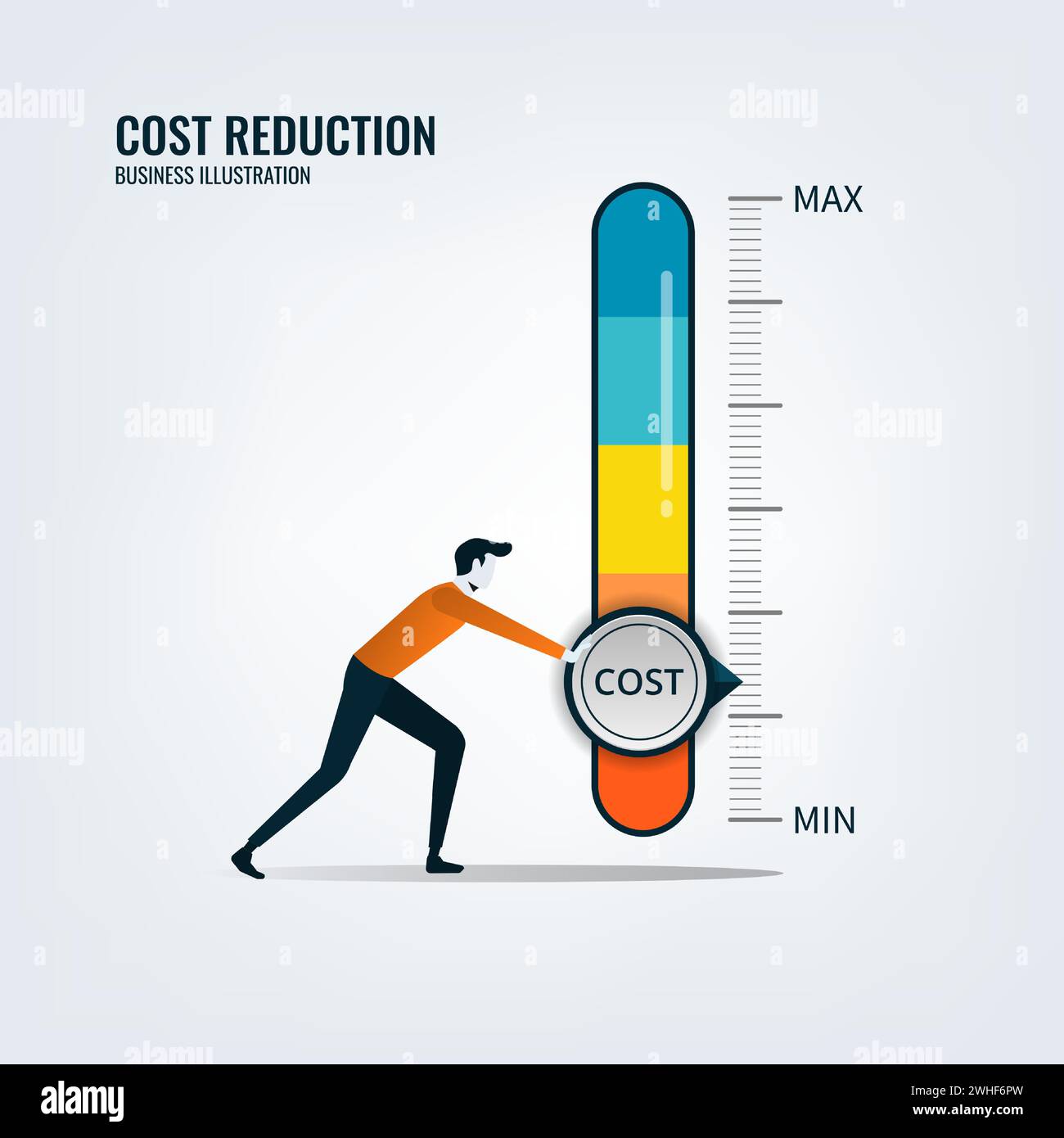 Businessman turning cost dial to a low illustration. Cost reduction ...