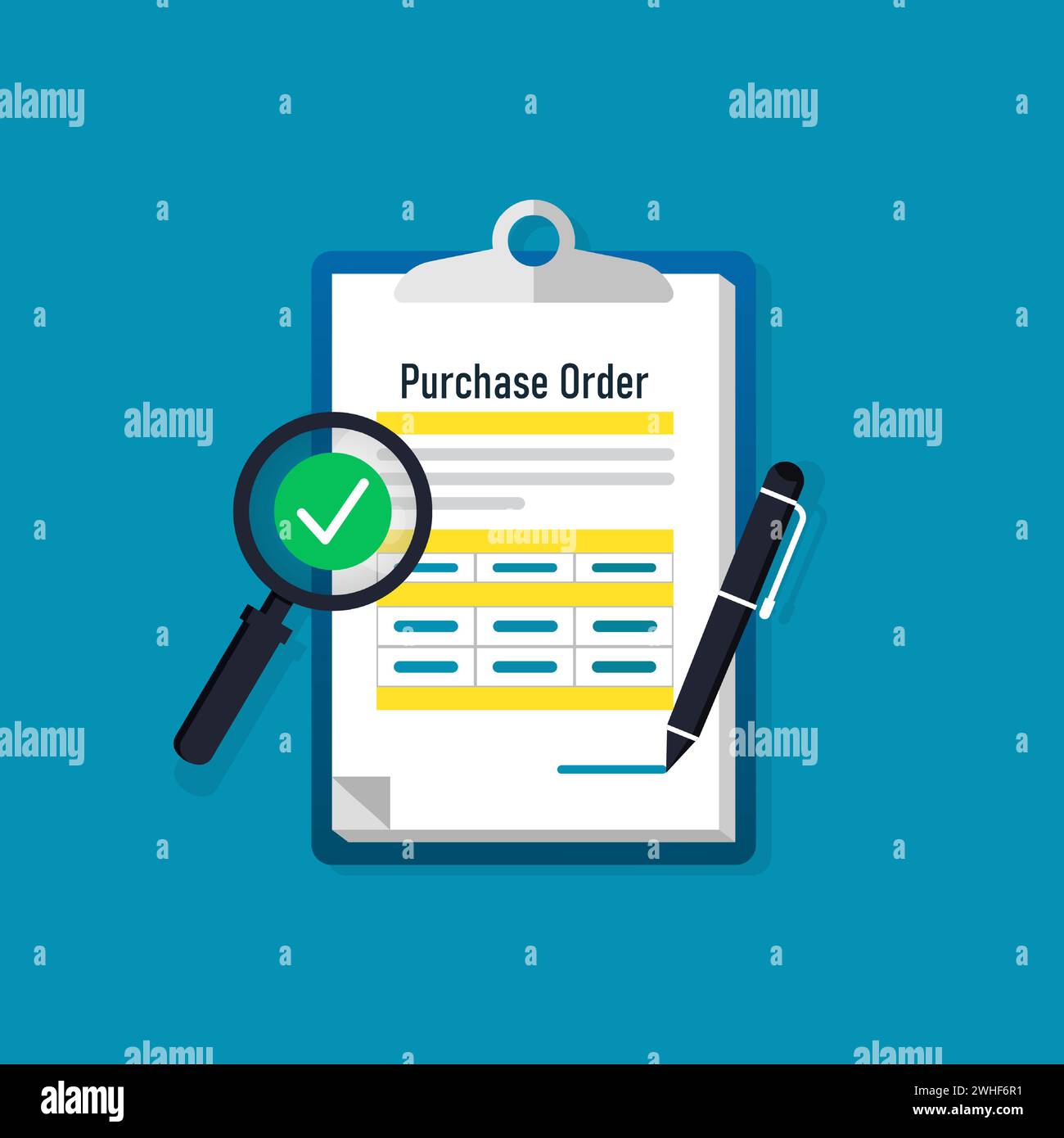 Purchase Order Form With Magnifying Glass And Pen Isolated With Blue
