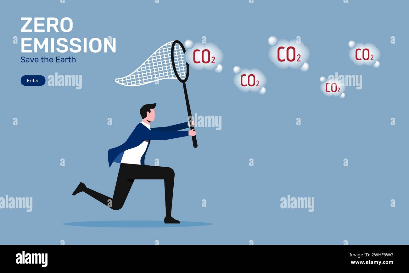 Zero emission concept design. Man uses butterfly net to catch gas ...