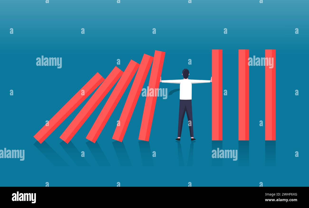Businessman stopping falling dominos illustration, Risk and crisis ...