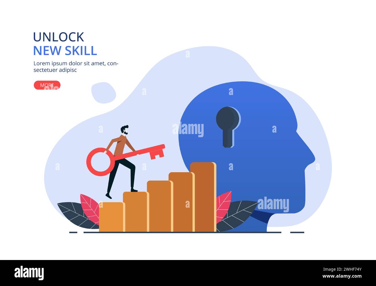 Unlock new skill concept. Businessman with big key and key hole on head ...