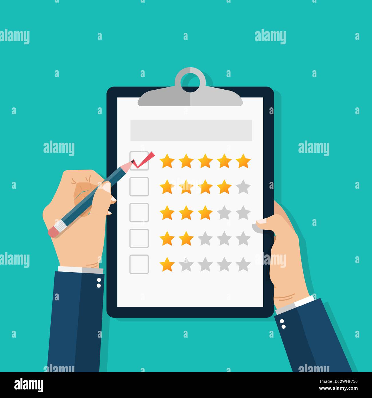 Businessman hands holding clipboard with rate stars and pencil ...