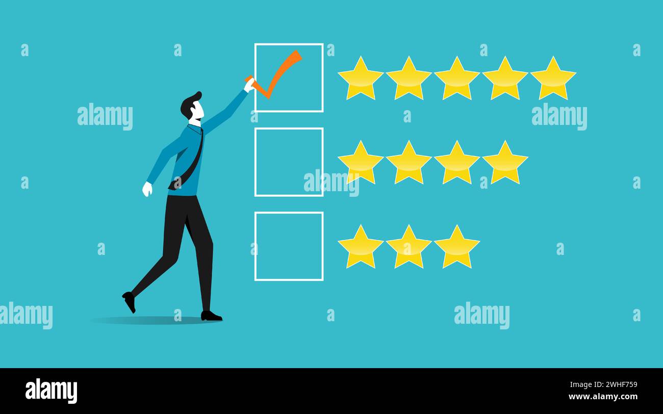 Customer feedback 5 stars rating, evaluation ranking sign, businessman ...