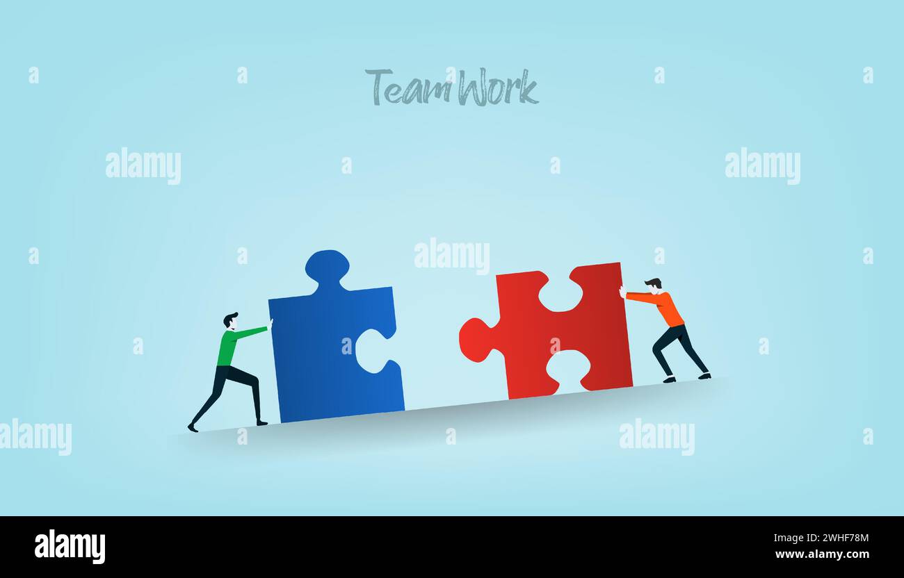 Business people puzzle pushing huge pieces of one puzzle towards each ...