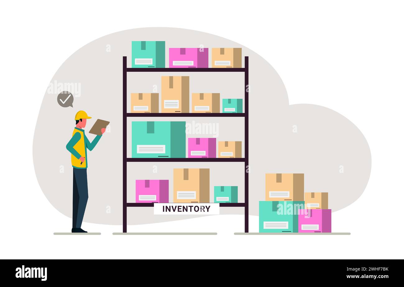 Inventory control illustration concept, professional worker is checking goods on shelve for ...