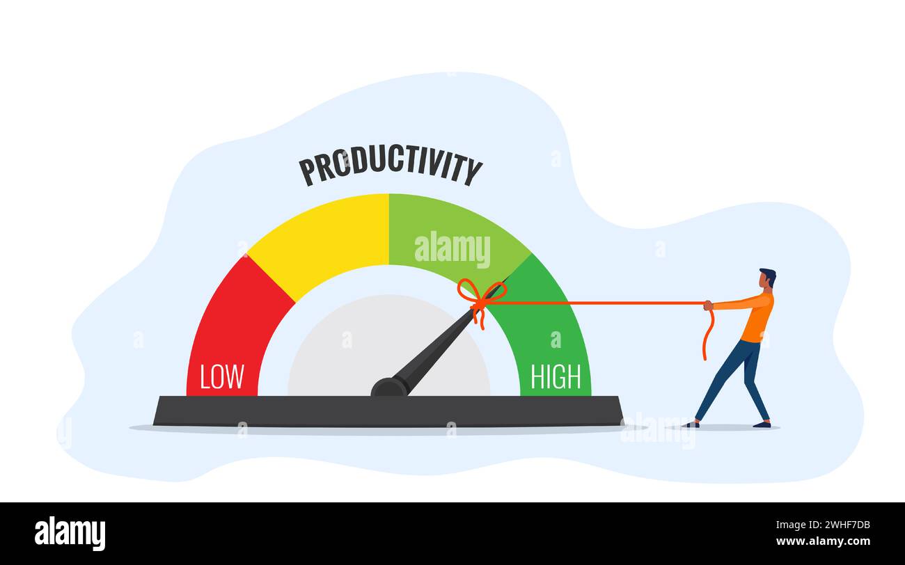 Productivity measurement concept. Businessman pulling a rope to high ...