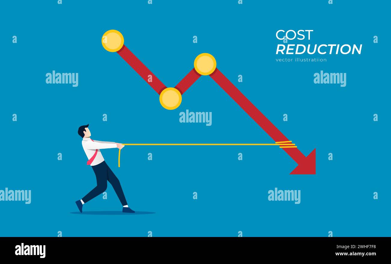 Cost reduction concept with businessman pulls a rope symbol Stock ...
