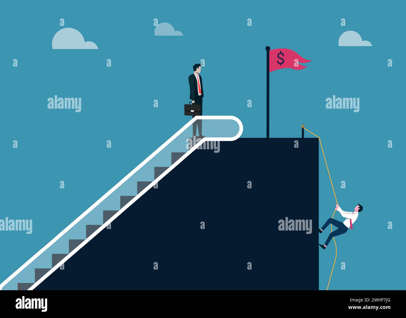 Smart work vs hard work concept. businessman climbs with elevator when ...